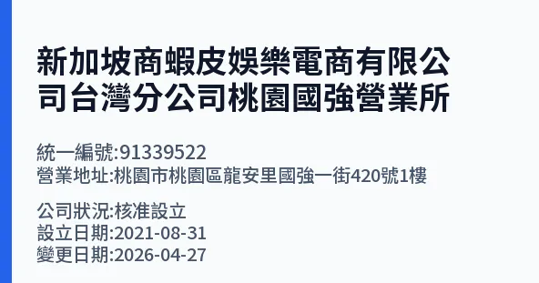 新加坡商蝦皮娛樂電商有限公司台灣分公司桃園國強營業所的照片-統編 91339522(桃園市) 公司登記資料與營業項目詳細圖表
