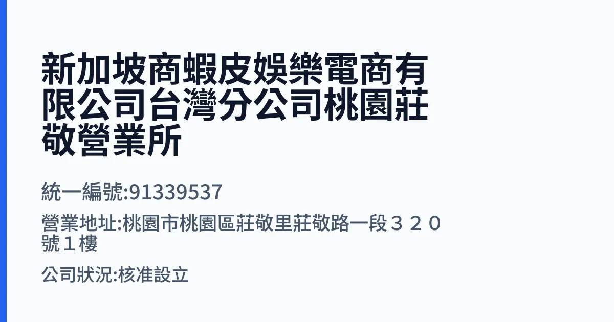 新加坡商蝦皮娛樂電商有限公司台灣分公司桃園莊敬營業所 - 統編 91339537(桃園市) 公司登記資料與營業項目詳細圖表