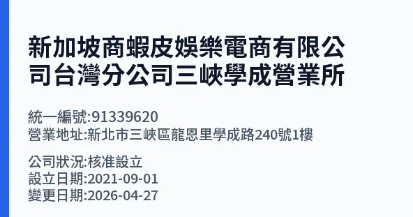 新加坡商蝦皮娛樂電商有限公司台灣分公司三峽學成營業所的照片-統編 91339620(新北市) 公司登記資料與營業項目詳細圖表
