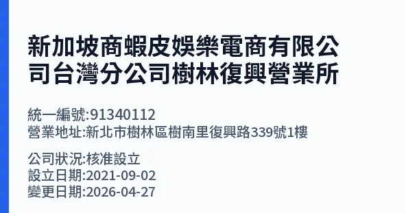 新加坡商蝦皮娛樂電商有限公司台灣分公司樹林復興營業所的照片-統編 91340112(新北市) 公司登記資料與營業項目詳細圖表