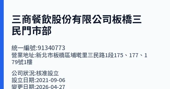 三商餐飲股份有限公司板橋三民門市部的照片-統編 91340773(新北市) 公司登記資料與營業項目詳細圖表