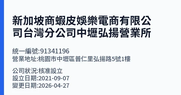 新加坡商蝦皮娛樂電商有限公司台灣分公司中壢弘揚營業所的照片-統編 91341196(桃園市) 公司登記資料與營業項目詳細圖表