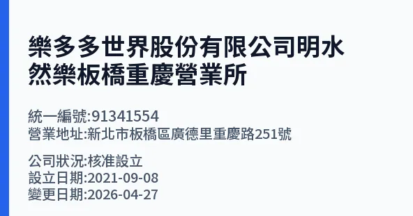 樂多多世界股份有限公司明水然樂板橋重慶營業所的照片-統編 91341554(新北市) 公司登記資料與營業項目詳細圖表