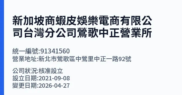 新加坡商蝦皮娛樂電商有限公司台灣分公司鶯歌中正營業所的照片-統編 91341560(新北市) 公司登記資料與營業項目詳細圖表