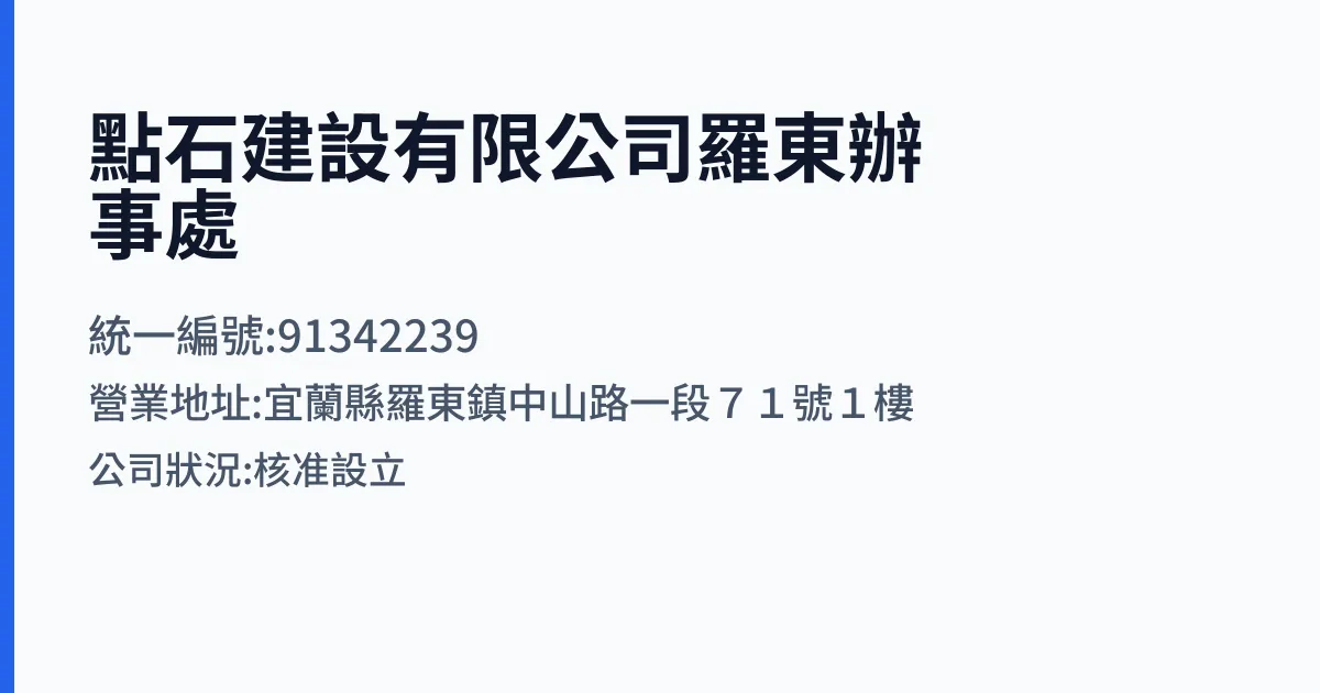 點石建設有限公司羅東辦事處 - 統編 91342239(宜蘭縣) 公司登記資料與營業項目詳細圖表