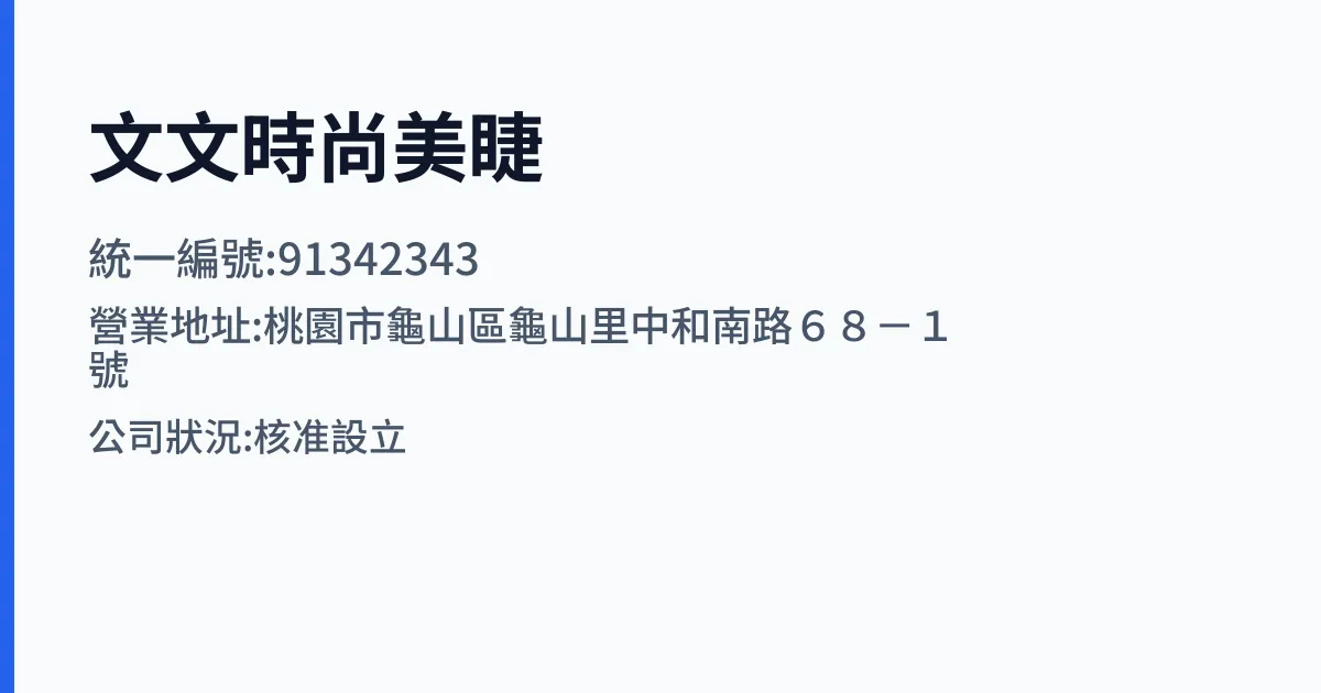 文文時尚美睫 - 統編 91342343(桃園市) 公司登記資料與營業項目詳細圖表