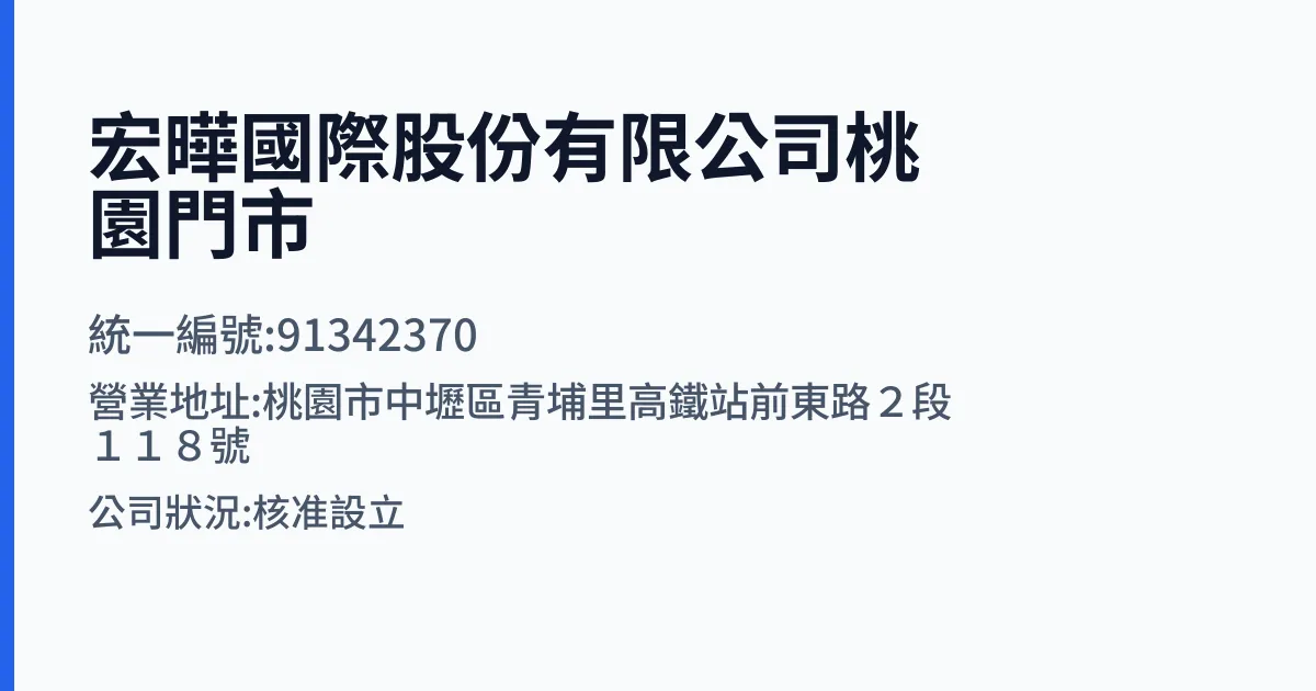 宏曄國際股份有限公司桃園門市 - 統編 91342370(桃園市) 公司登記資料與營業項目詳細圖表