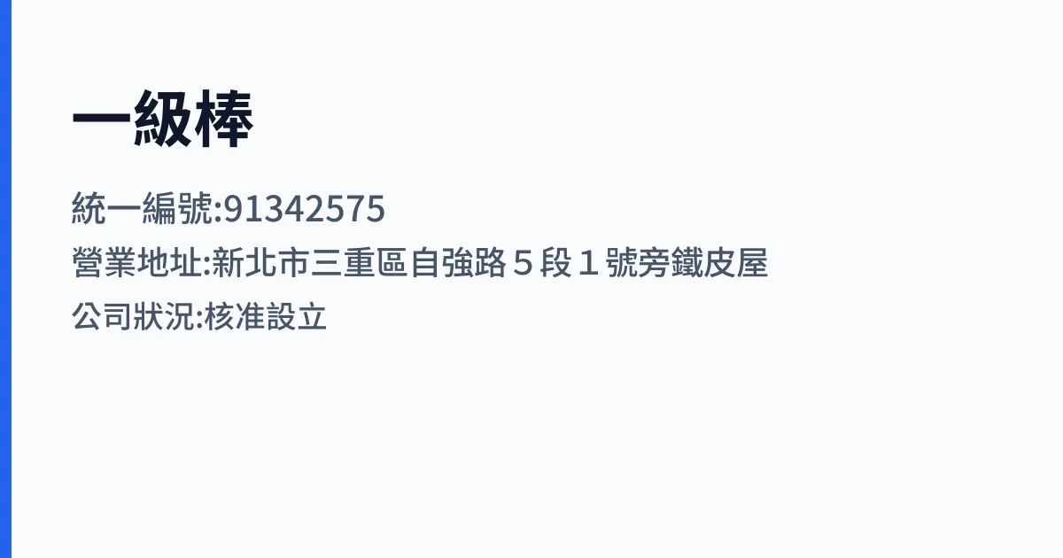 一級棒 - 統編 91342575(新北市) 公司登記資料與營業項目詳細圖表