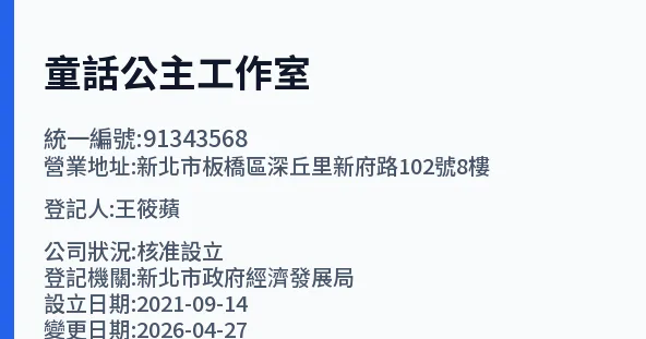 童話公主工作室的照片-統編 91343568(新北市) 公司登記資料與營業項目詳細圖表