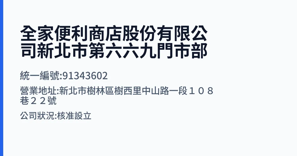 全家便利商店股份有限公司新北市第六六九門市部 - 統編 91343602(新北市) 公司登記資料與營業項目詳細圖表