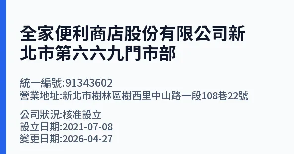 全家便利商店股份有限公司新北市第六六九門市部的照片-統編 91343602(新北市) 公司登記資料與營業項目詳細圖表