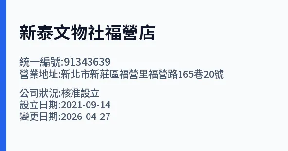 新泰文物社福營店的照片-統編 91343639(新北市) 公司登記資料與營業項目詳細圖表