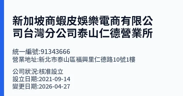 新加坡商蝦皮娛樂電商有限公司台灣分公司泰山仁德營業所的照片-統編 91343666(新北市) 公司登記資料與營業項目詳細圖表