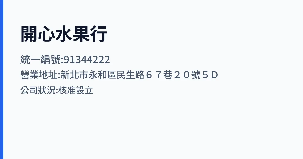開心水果行 - 統編 91344222(新北市) 公司登記資料與營業項目詳細圖表