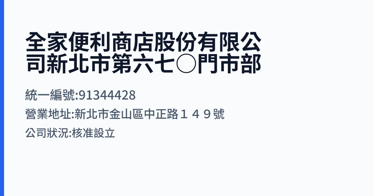 全家便利商店股份有限公司新北市第六七○門市部 - 統編 91344428(新北市) 公司登記資料與營業項目詳細圖表