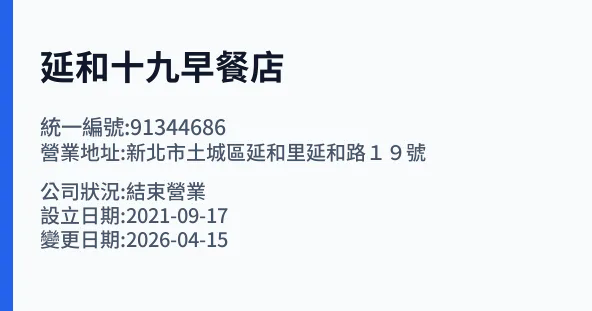 延和十九早餐店的照片-統編 91344686(新北市) 公司登記資料與營業項目詳細圖表