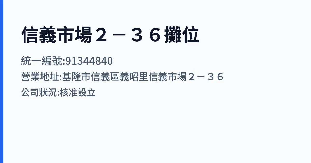 信義市場２－３６攤位 - 統編 91344840(基隆市) 公司登記資料與營業項目詳細圖表
