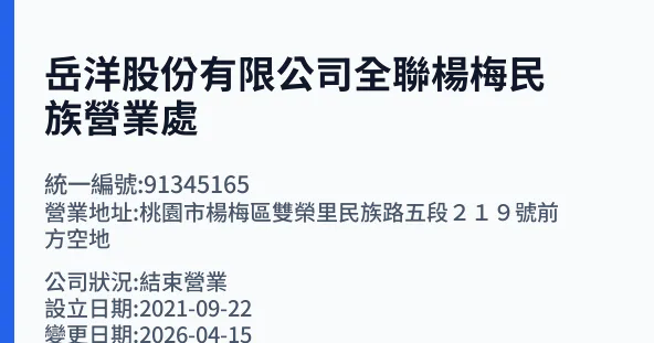 岳洋股份有限公司全聯楊梅民族營業處的照片-統編 91345165(桃園市) 公司登記資料與營業項目詳細圖表