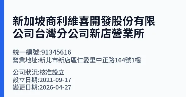 新加坡商利維喜開發股份有限公司台灣分公司新店營業所的照片-統編 91345616(新北市) 公司登記資料與營業項目詳細圖表