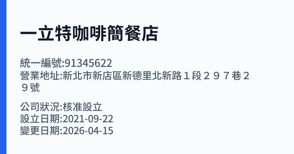 一立特咖啡簡餐店的照片-統編 91345622(新北市) 公司登記資料與營業項目詳細圖表