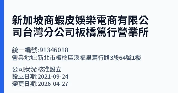 新加坡商蝦皮娛樂電商有限公司台灣分公司板橋篤行營業所的照片-統編 91346018(新北市) 公司登記資料與營業項目詳細圖表
