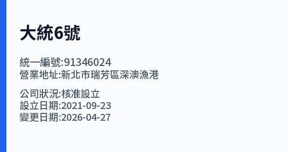 大統6號的照片-統編 91346024(新北市) 公司登記資料與營業項目詳細圖表
