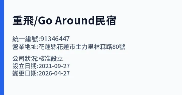 重飛/Go Around民宿的照片-統編 91346447(花蓮縣) 公司登記資料與營業項目詳細圖表