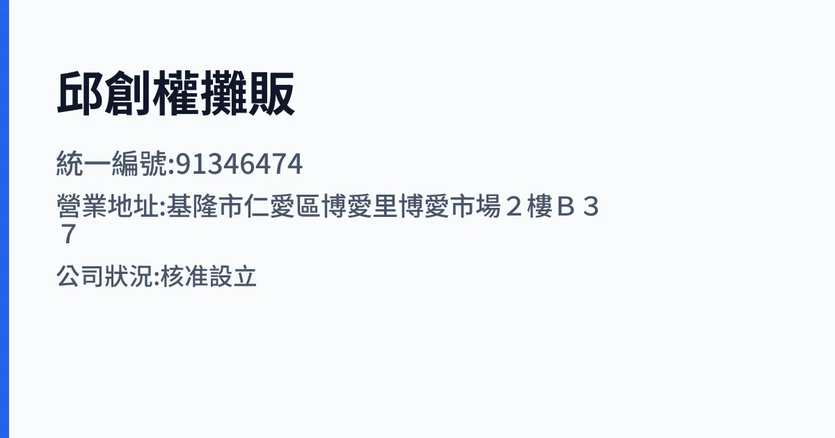 邱創權攤販 - 統編 91346474(基隆市) 公司登記資料與營業項目詳細圖表