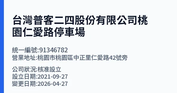 台灣普客二四股份有限公司桃園仁愛路停車場的照片-統編 91346782(桃園市) 公司登記資料與營業項目詳細圖表