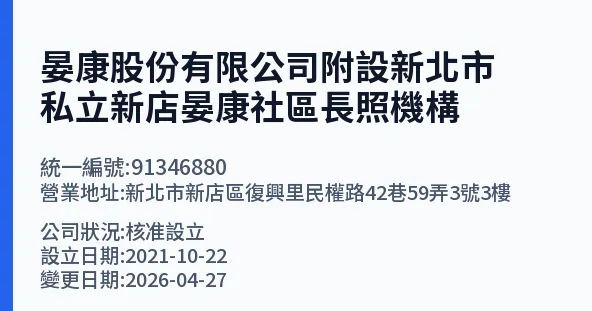 晏康股份有限公司附設新北市私立新店晏康社區長照機構的照片-統編 91346880(新北市) 公司登記資料與營業項目詳細圖表