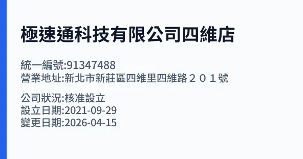 極速通科技有限公司四維店的照片-統編 91347488(新北市) 公司登記資料與營業項目詳細圖表