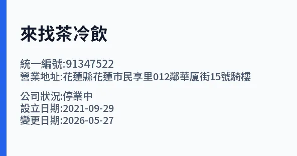 來找茶冷飲的照片-統編 91347522(花蓮縣) 公司登記資料與營業項目詳細圖表