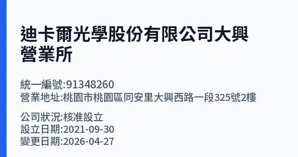 迪卡爾光學股份有限公司大興營業所的照片-統編 91348260(桃園市) 公司登記資料與營業項目詳細圖表