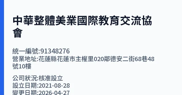 中華整體美業國際教育交流協會的照片-統編 91348276(花蓮縣) 公司登記資料與營業項目詳細圖表