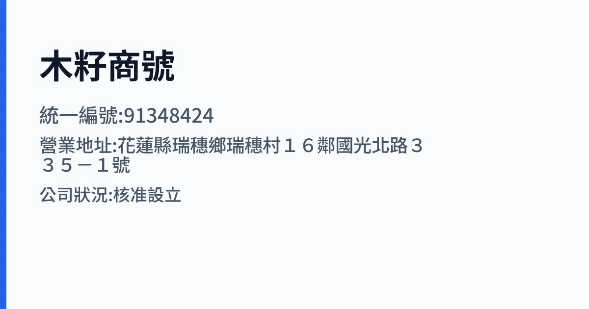 木籽商號 - 統編 91348424(花蓮縣) 公司登記資料與營業項目詳細圖表