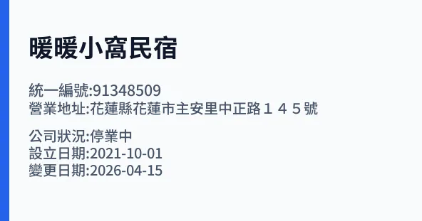 暖暖小窩民宿的照片-統編 91348509(花蓮縣) 公司登記資料與營業項目詳細圖表