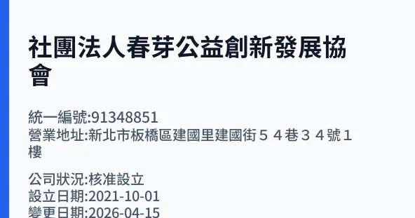 社團法人春芽公益創新發展協會的照片-統編 91348851(新北市) 公司登記資料與營業項目詳細圖表