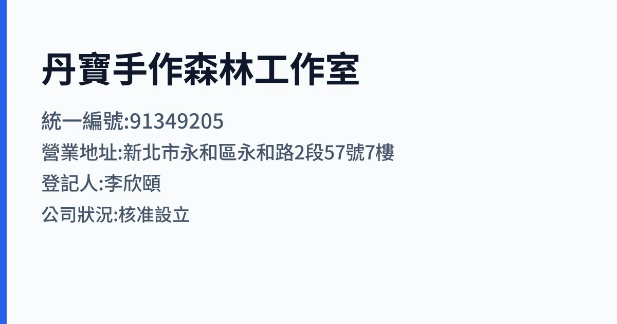丹寶手作森林工作室 - 統編 91349205(新北市) 公司登記資料與營業項目詳細圖表