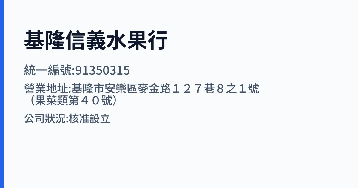 基隆信義水果行 - 統編 91350315(基隆市) 公司登記資料與營業項目詳細圖表