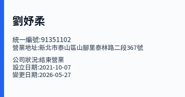 劉妤柔的照片-統編 91351102(新北市) 公司登記資料與營業項目詳細圖表