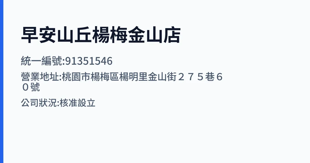 早安山丘楊梅金山店 - 統編 91351546(桃園市) 公司登記資料與營業項目詳細圖表