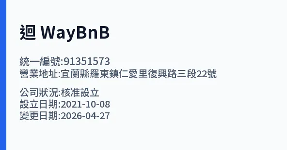 迴 WayBnB的照片-統編 91351573(宜蘭縣) 公司登記資料與營業項目詳細圖表