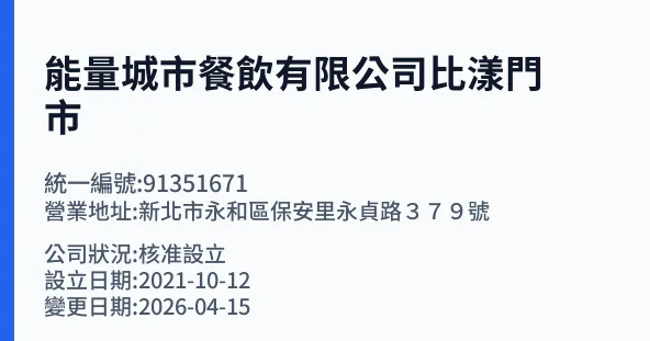 能量城市餐飲有限公司比漾門市的照片-統編 91351671(新北市) 公司登記資料與營業項目詳細圖表