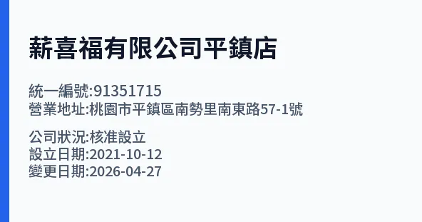 薪喜福有限公司平鎮店的照片-統編 91351715(桃園市) 公司登記資料與營業項目詳細圖表