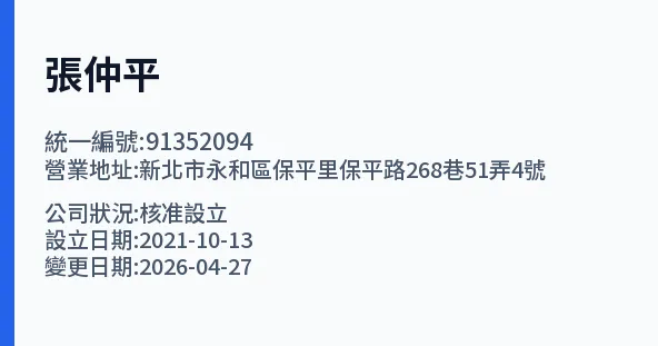 張仲平的照片-統編 91352094(新北市) 公司登記資料與營業項目詳細圖表