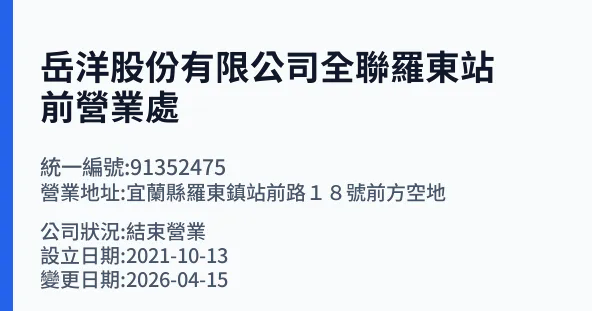 岳洋股份有限公司全聯羅東站前營業處的照片-統編 91352475(宜蘭縣) 公司登記資料與營業項目詳細圖表