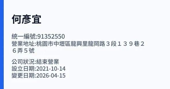 何彥宜的照片-統編 91352550(桃園市) 公司登記資料與營業項目詳細圖表