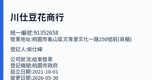 川仕豆花商行的照片-統編 91352658(桃園市) 公司登記資料與營業項目詳細圖表