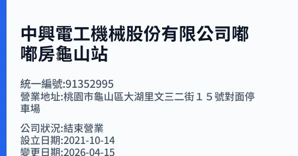 中興電工機械股份有限公司嘟嘟房龜山站的照片-統編 91352995(桃園市) 公司登記資料與營業項目詳細圖表