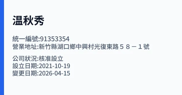 温秋秀的照片-統編 91353354(新竹縣) 公司登記資料與營業項目詳細圖表